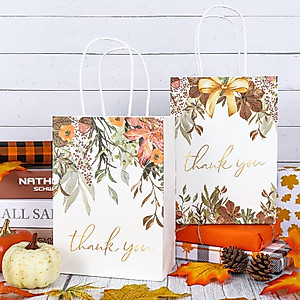 AnyDesign 16Pcs Thanksgiving Gift Bags Fall Thank You Treat Bag Maple Leaves Pumpkin Pattern Wedding Bags with Handle Foil Gold Day Bag for Birthday Bridal Baby Shower Party Favor, 5.9 x 8.3 x 3.2
