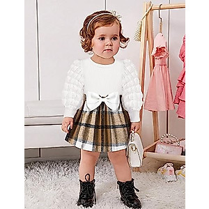 Qaoerde Baby Girl Dresses 12-18 Months Baby Girl Dress Puff Sleeve Brown Plaid Dress Baby Girls' Dresses Baby Dresses 12-18 Months Baby Girl Fall Dress Baby Girl Winter Dress Thanksgiving Outfit