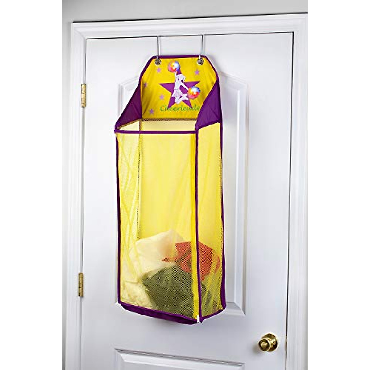 Store & Score Over The Door Hanging Kids Fun LED Cheerleader Light-Up Collapsible Mesh Laundry Hamper, Toy Chest, Heavy Duty Metal Hooks Included. Patent Pending.