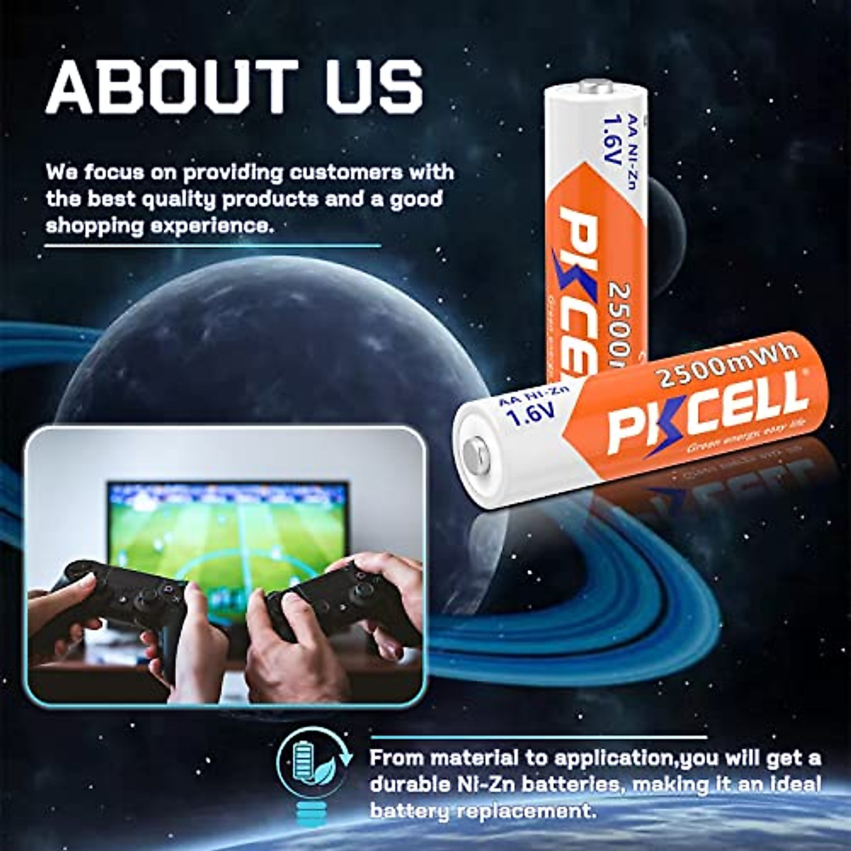 PKCELL Rechargeable AA Batteries NiZn Double A 1.6V 2500mWh Battery- 4Count for Thermometer Cameras Power