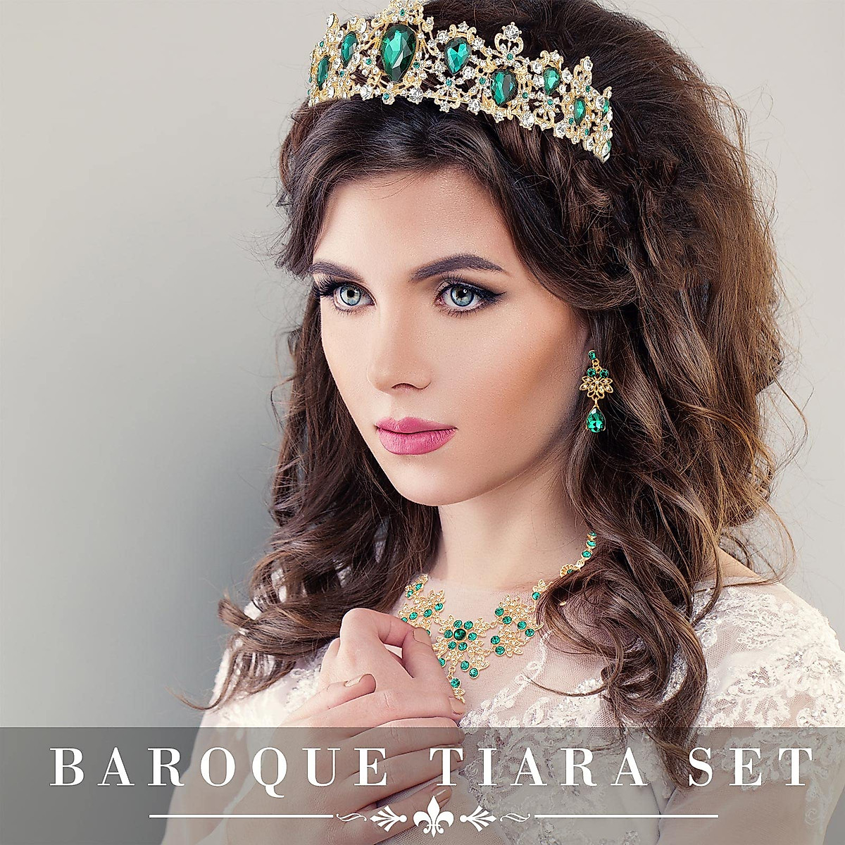 Sureio Baroque Bridal Jewelry Set 3 Pieces Tiara Earrings Necklace Bridal Jewelry Set Wedding Rhinestone Crystal Tiara Crown Headband Princess Baroque Crown for Bride Women(Blue)