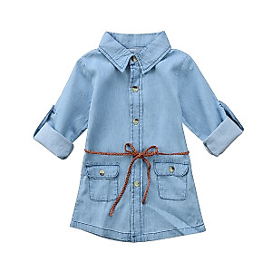 BiggerStore Fashion Kids Toddler Baby Girl Half/Long Sleeve Denim Tunic Jean Shirt Dress with Belt for Girl 1-5T (Blue, 3-4 Years)