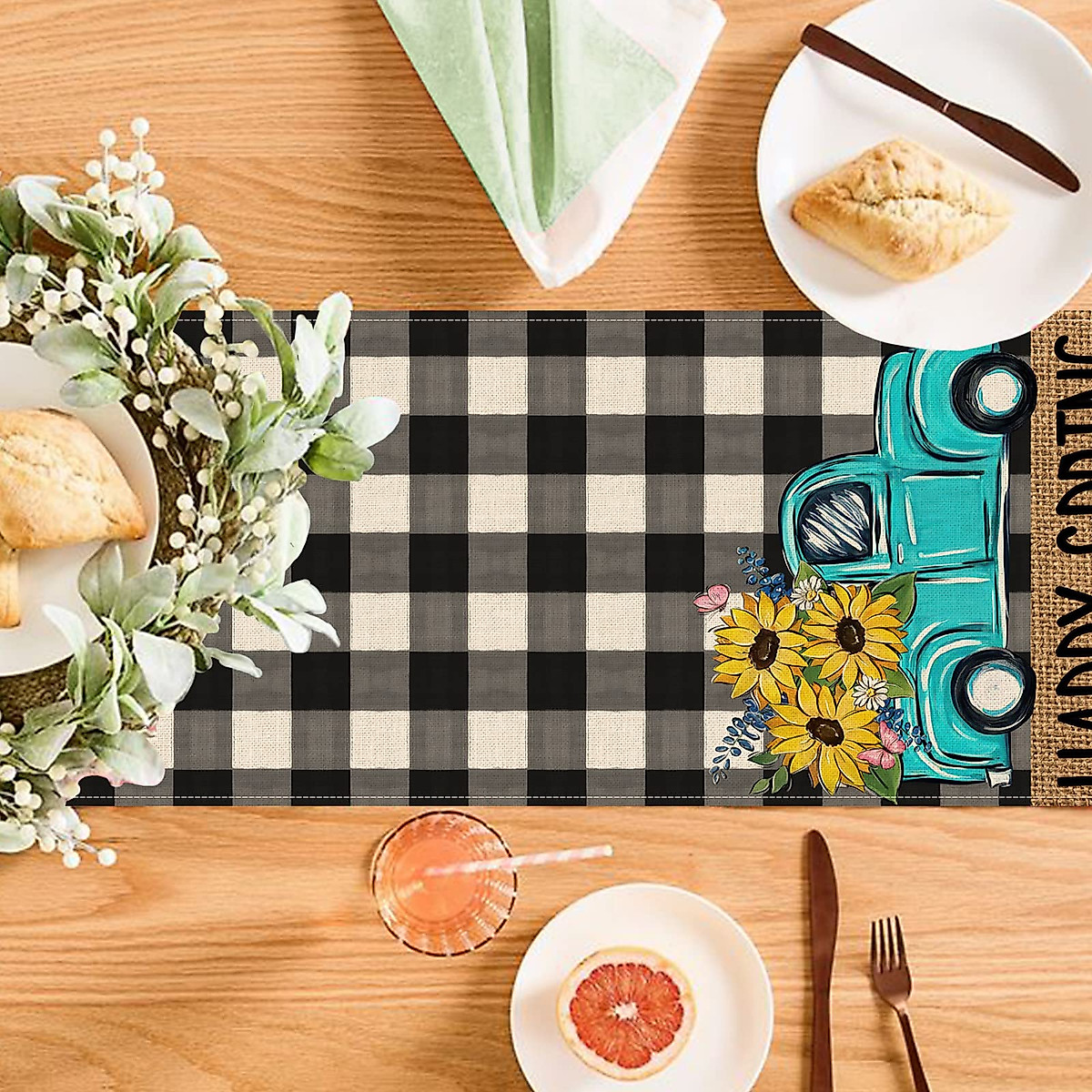Seliem Happy Spring Blue Truck Table Runner, Black White Buffalo Check Plaid Kitchen Dining Table Decor, Sunflower Floral Flower Seasonal Burlap Farmhouse Home Decoration Party Supply 13 x 72 Inches