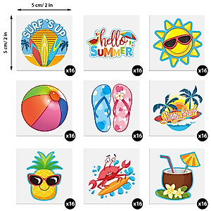 Patelai 144 Pieces Kids Summer Party Tattoos Beach Hawaiian Luau Themed Waterproof Temporary Tattoos, 9 Styles