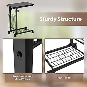 Tangkula Rolling Height Adjustable C Table, Mobile End Table with Detachable Wheels, Side Basket and Bottom Mesh Storage, Space-saving Slide Under Sofa Table for Living Room Bedroom