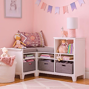 Martha Stewart Kids' Corner Nook - Creamy White: Wooden Storage Bench Bookcase Organizer with Seat Cushion and Fabric Bins for Reading in Bedroom or Playroom