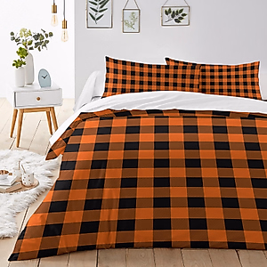 Orange Black Plaid Duvet Cover Sets Farmhouse Buffalo Check Bedding Sets 3 Pcs Soft Comforter Cover Set Including 1 Quilt Cover 2 Pillow Cases, Full Size Comforter Cover Set with Zipper Closure