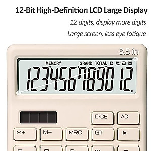 Desktop Calculator 12 Digit,Standard Dual Power Battery and Solar,Desk Calculators with Large LCD Display,Perfect for Home, Office,and School Use,Auto Sleep (Beige)