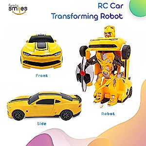 Kids RC Toy Sports Car Transforming Robot Remote Control with One Button Transformation, Realistic Engine Sounds, 360 Speed Drifting, Sword and Shield Included Toys For Boys 1:14 Scale Yellow