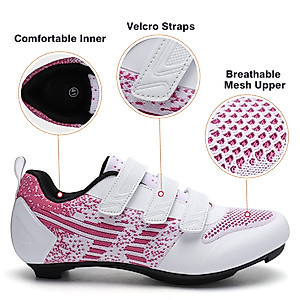 Unisex Road Bike Cycling Shoes Compatible with Peloton Shimano SPD Bike Riding Shoes for Men Women, 3 Straps, Pre-Installed Delta Cleats for Indoor Outdoor Cycling Biking Size 7 (White-Pink)