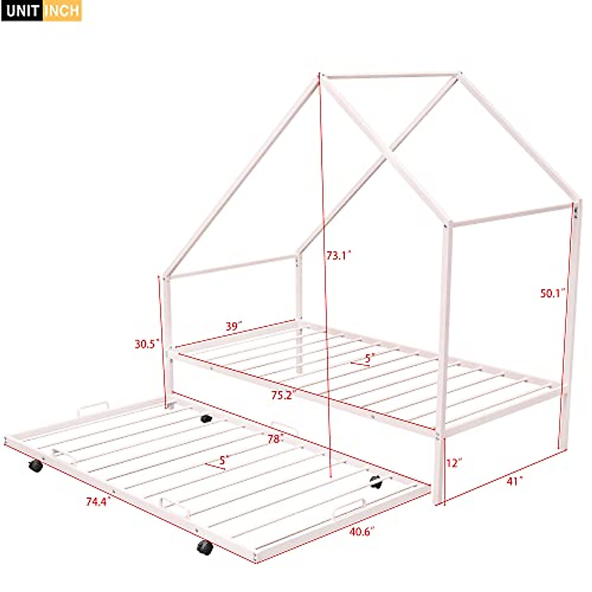 LCH House Bed, Full-Twin Size Metal House Bed with Trundle for Bedroom,Guest Room,Cute House-Shape Bed for Toddlers,Kids,Girls and Boys,Noise Free,Easy to Assemble,No Box Spring Needed,Pink