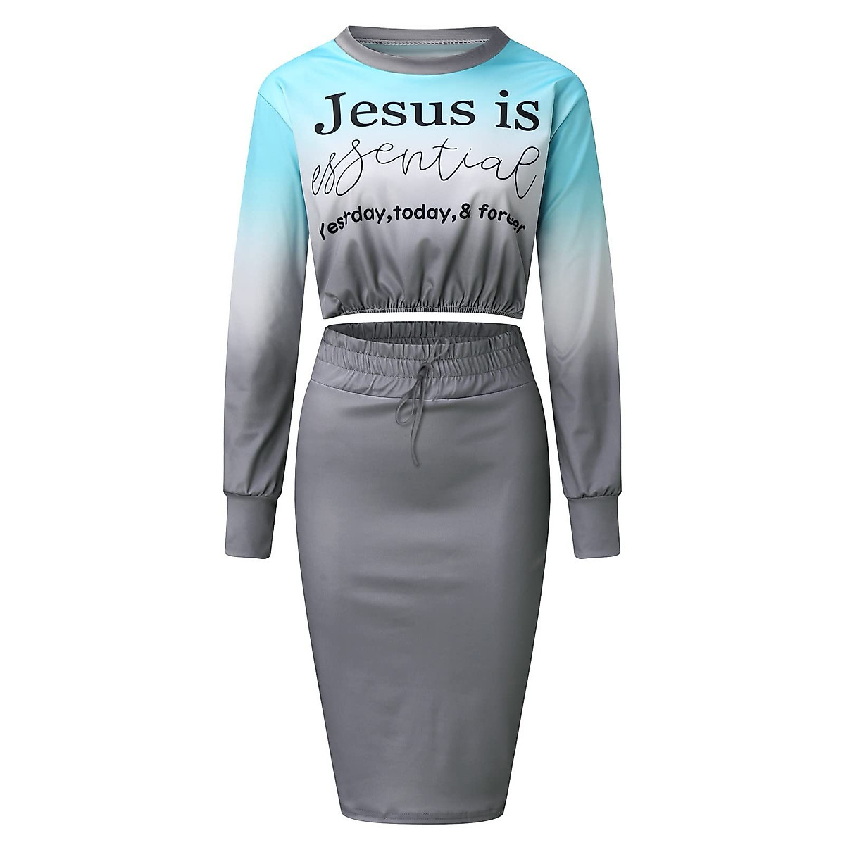 Aniywn Women's 2 Piece Outfits Long Sleeve Crop Tops Shirt And Knee Length Bodycon Skirt Casual Midi Club Dresses