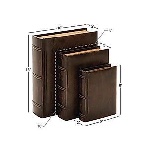 Deco 79 Wood Faux Book Box with Faux Leather Detailing, Set of 3 13", 10", 8"H, Brown