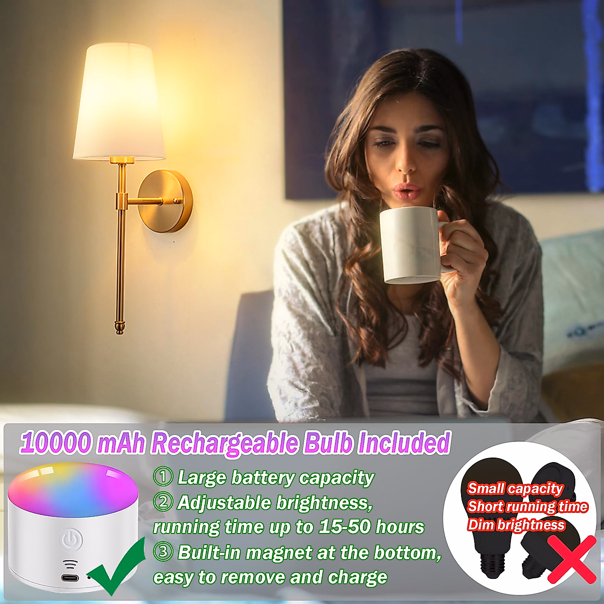 YHCDLAMP Battery Operated Wall Sconce Set of 2, Rechargeable Wall Sconce with 10000mAh Bulb and Remote Control, Up to 50 Hrs Use, RGB Dimmable Wireless Wall Lights for Living Room Bedroom Hallway