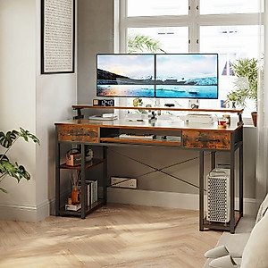 ODK Computer Desk, 48 inch Office Desk with Keyboard Tray, Writting Desk with Drawers and Monitor Stand, Study Table with CPU Stand and Removable Shelf for Storage, Rustic Brown