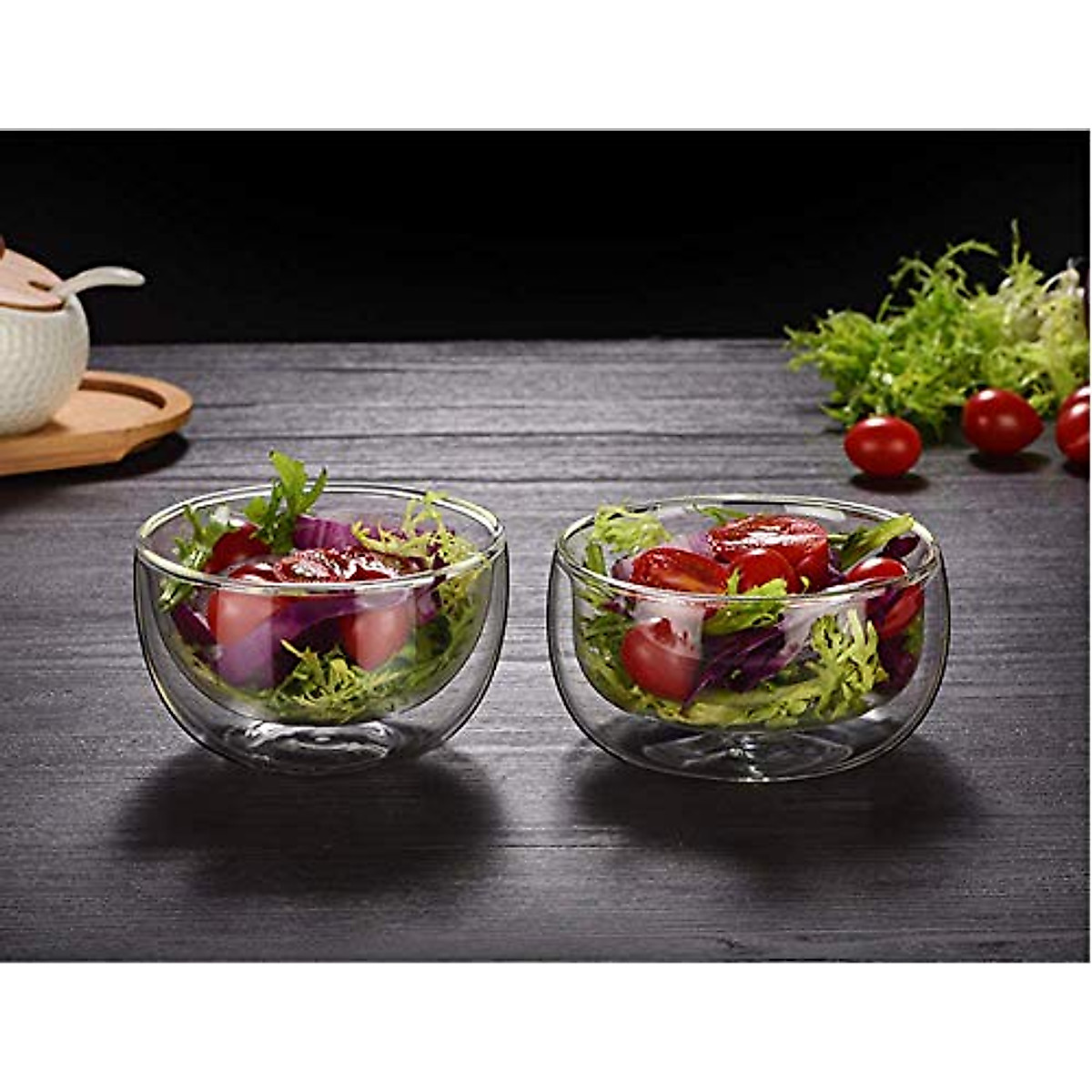 GracesDawn high temperature resistant double layer glass bowl borosilicate heat-resistant glass tableware transparent fruit salad bowl (300ml double bowl)