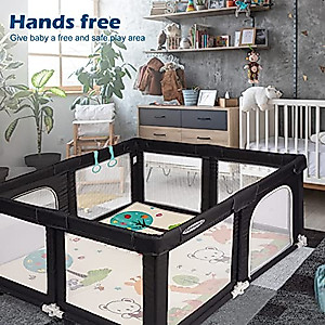 ROMPICO Foldable Baby Playpen with Mat, Foldable Large Baby Playpen for Toddler, Indoor & Outdoor Playard for Kids Activity Center, Sturdy Play Yard with Soft Breathable Mesh (Foldable 71”x71”, Black)