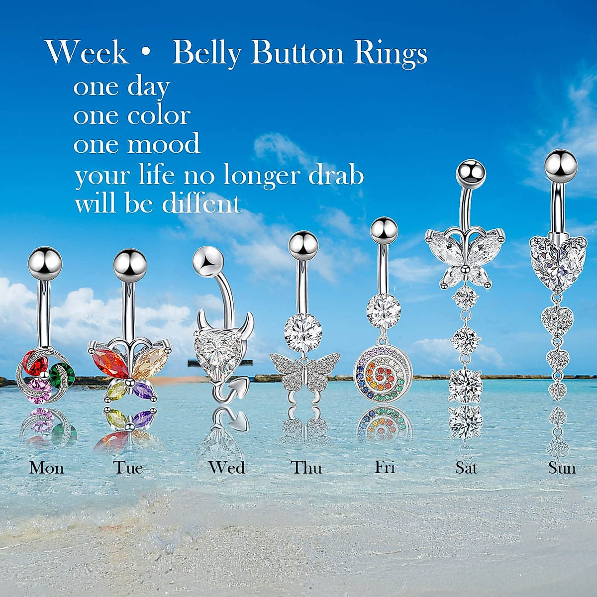 14G Surgical Steel Belly Button Ring Butterfly Dangle Belly Button Rings for Women CZ belly rings belly piercing jewelry 7PCS
