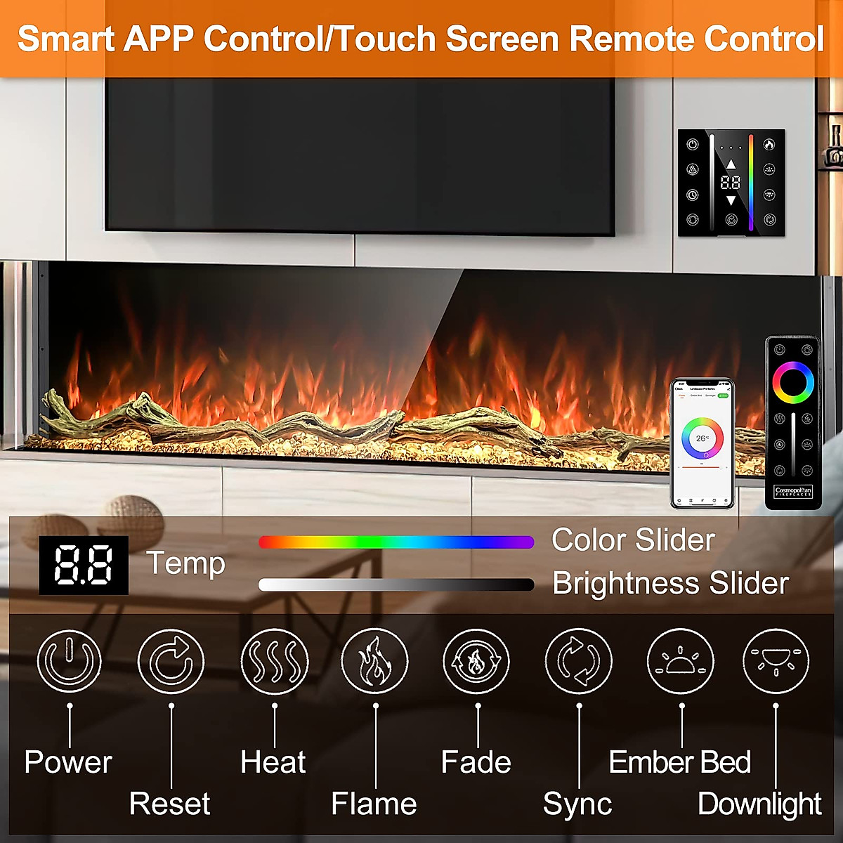 Cosmopolitan Fireplaces Phoenix Omnivue Series 68 inch 3 Sided Electric Fireplace Insert, Smart Wi-Fi Wall Mount/Built-in Fireplaces, 251 Realistic Flames, Low Noise 3000/1500Watt Fireplace Heater