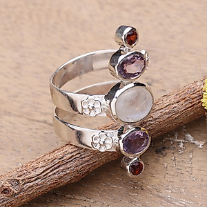 NOVICA Artisan Handmade Multigemstone Cocktail Ring Silver Moonstone Artisan with Amethyst Garnet Sterling Multicolor Purple Red White India Orchid Birthstone [ring Front 1.3 in L x 0.4 in W x 0.3 In]