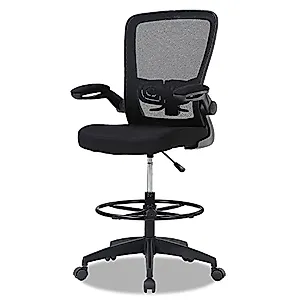 Drafting Chair Tall Office Chair Mid-Back Mesh Ergonomic Computer Chair High Adjustable Standing Desk Chair with Lumbar Support Adjustable Foot Ring and Flip-Up Arms (Black)