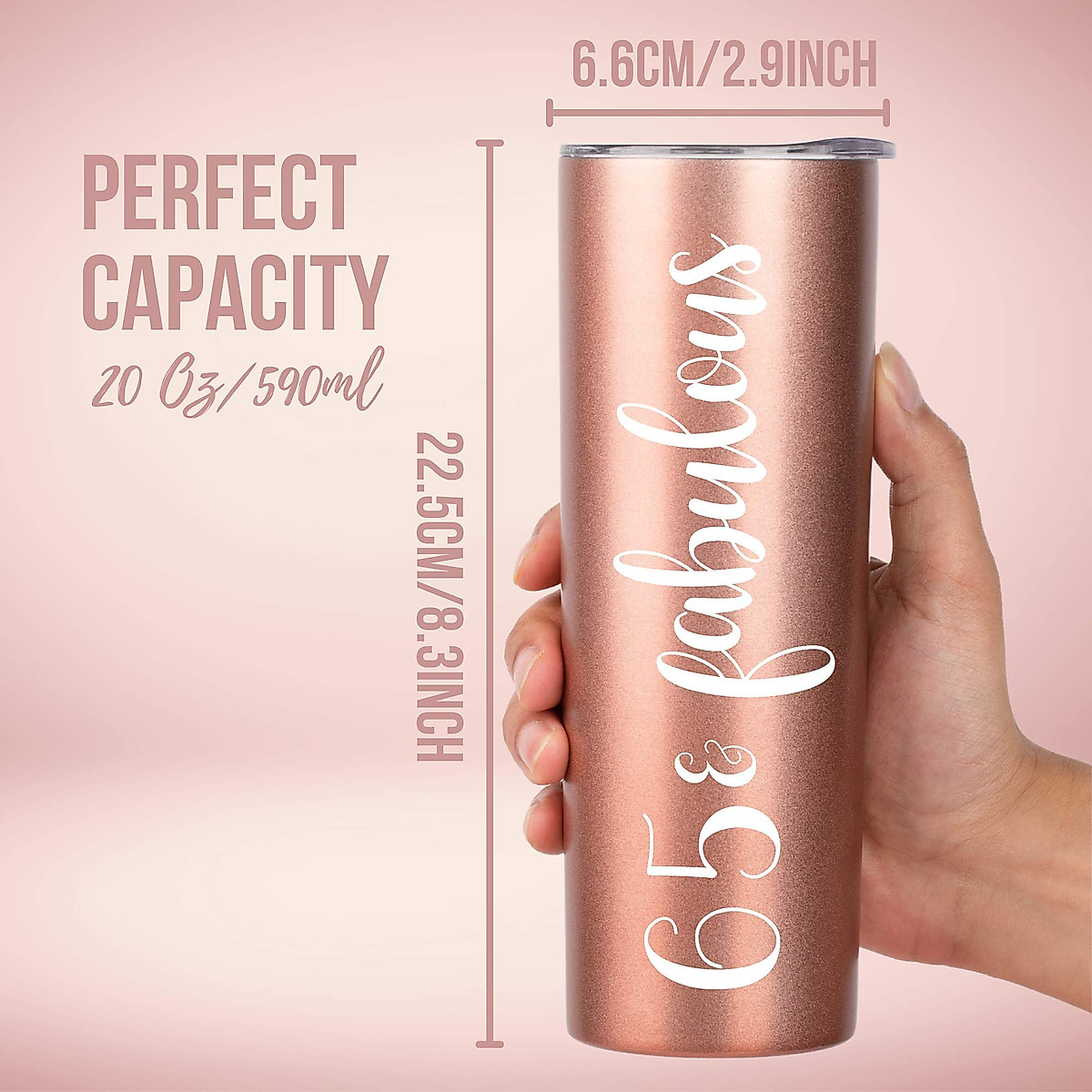 Onebttl 65th Birthday Gifts for Women, 65 & Fabulous, 20 Oz Insulated Stainless Steel Skinny Wine Tumbler for Mom, Best Friend, Sister, Aunt, Wife, Coworkers, Rose Gold