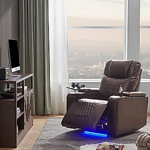 Merax Electric Recliner Chair with USB Charge Port, 360 Swivel Tray Table, Hand in-Arm Storage, and Cup Holders, Ambient Lighting - Ambient Lighting Gaming Recliner Chair Home Theater Seating(Brown)