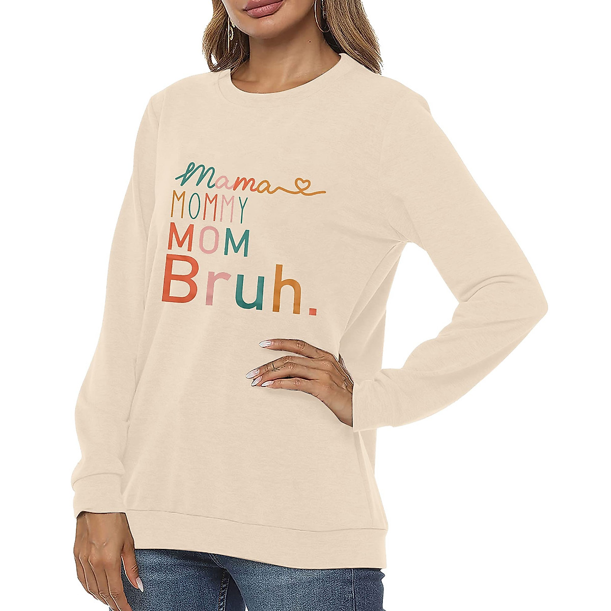 BLANCHES Mama Sweatshirt Women Mama Mommy Mom Bruh Funny Mom Life Sweatshirts Pullover Tops Casual Loose Long Sleeve Shirt Apricot