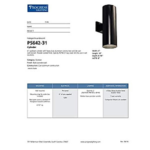 Progress Lighting P5642-31 Cylinder Outdoor, 6-Inch Width x 18-Inch Height, Black