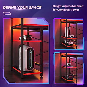 Bestier 61 Inch Gaming Desk with LED Lights, Reversible Shelves, Height Adjustable Shelf, Steel Frame, CARB P2 Class Board, Black Grained