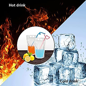 100 Pcs Zipper Plastic Pouches Drink Bags,Heavy Duty Hand-Held Translucent frosted Reclosable Stand-up Bag 2.4" Bottom Gusset with 100pcs Straws & Funnel Included