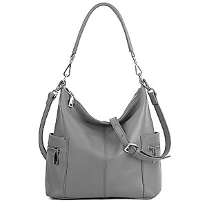 YALUXE Women's Multi Pocket Soft Cowhide Leather Medium Purse Style Shoulder Bag Grey