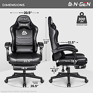 N-GEN Gaming Chair with Footrest Levelled Seat PU Leather Adjustable Ergonomic Lumbar Support High Back Office Swivel Computer Desk Headrest E-Sports PC Gamer Height Reclining (3. Black)