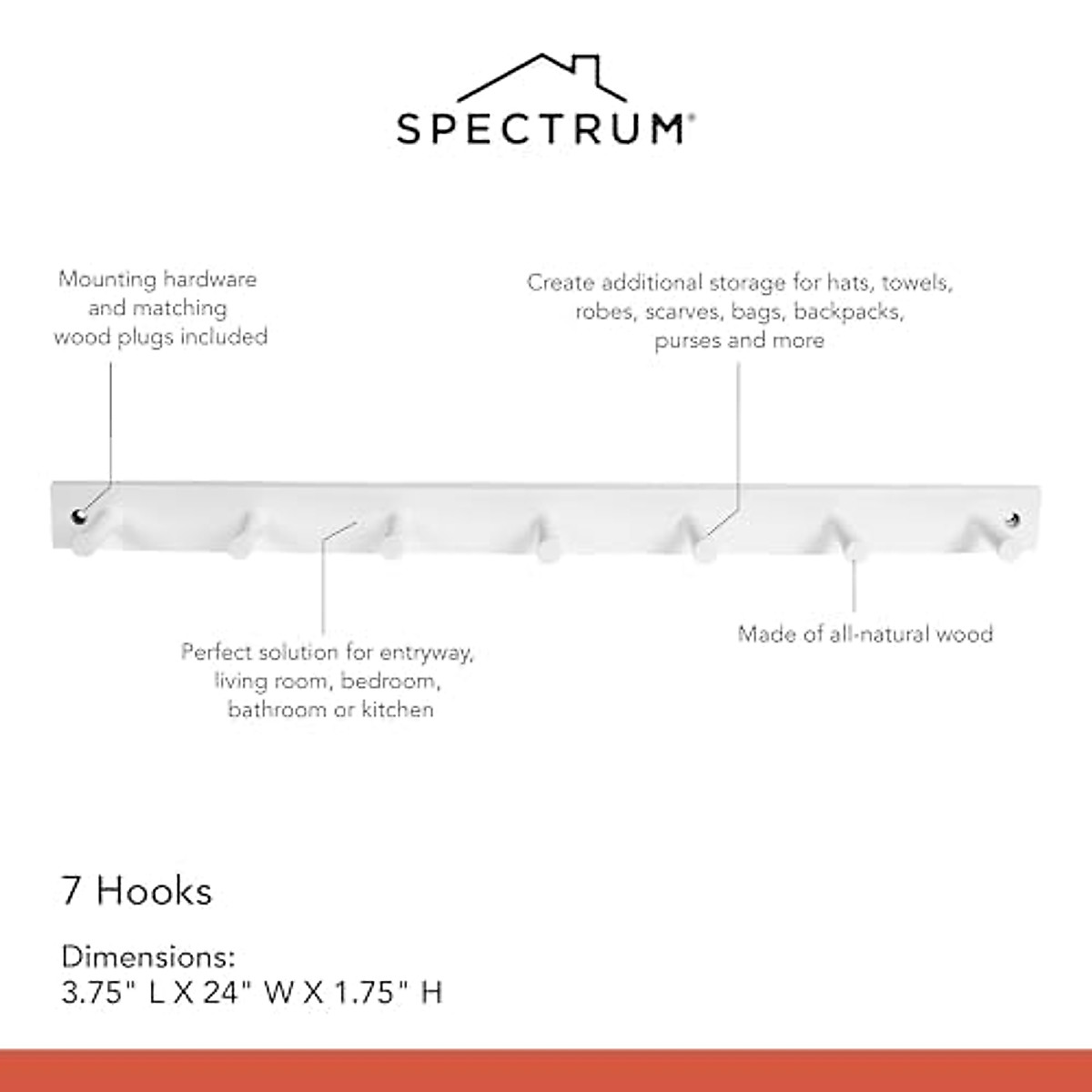 Spectrum Diversified Wall-Mounted 7 Peg Wood Hook, Hat Organizer & Coat Hanger for Entryway or Closet Bathroom Storage Racks for Towels & Bath Robes, White