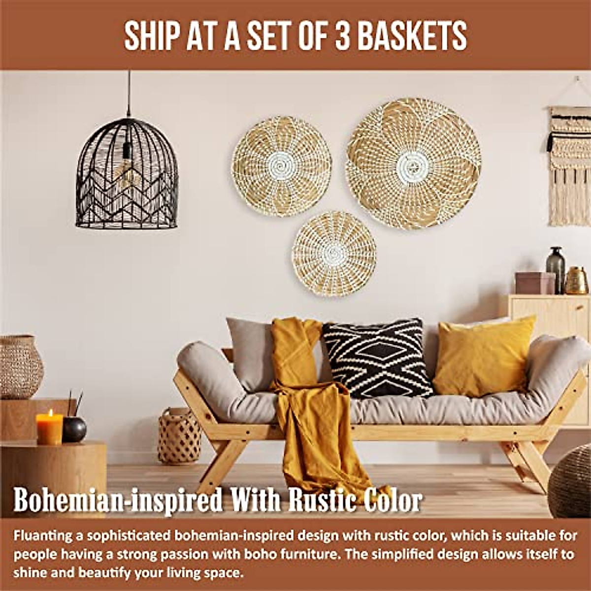 Seagrass Hanging Woven Wall Baskets Set of 3 - Boho Farmhouse Handcrafted & Unique Wicker Wall Art Decor for Living Room, Dining Room, Bedroom