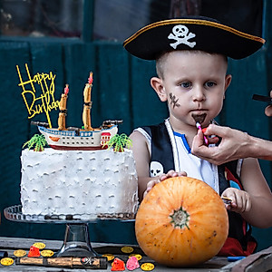 32 Pcs Pirate Ship Cake Topper Nautical Sailboat Model Decoration Set Gold Coins and Pirate Gems Kids Telescope Pirate Treasure Chest Compass Mini Palm Tree for Kids Pirate Birthday Party Supplies