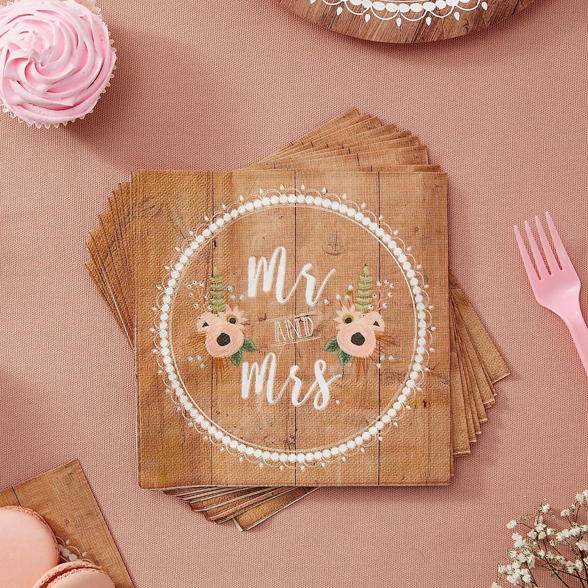 BLUE PANDA 150-Pack Mr and Mrs Napkins, Disposable, Rustic-Style Wedding Napkins for Reception, Bridal Shower Decorations, Engagement Party Supplies (6.5x6.5 in) Bulk Pack