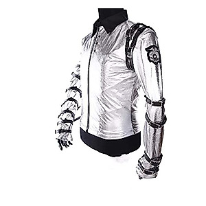 III-Fashions Men's Classic Michael Pop Bad Concert Tour Punk Belts Costume Silver Satin Biker Jacket, Medium