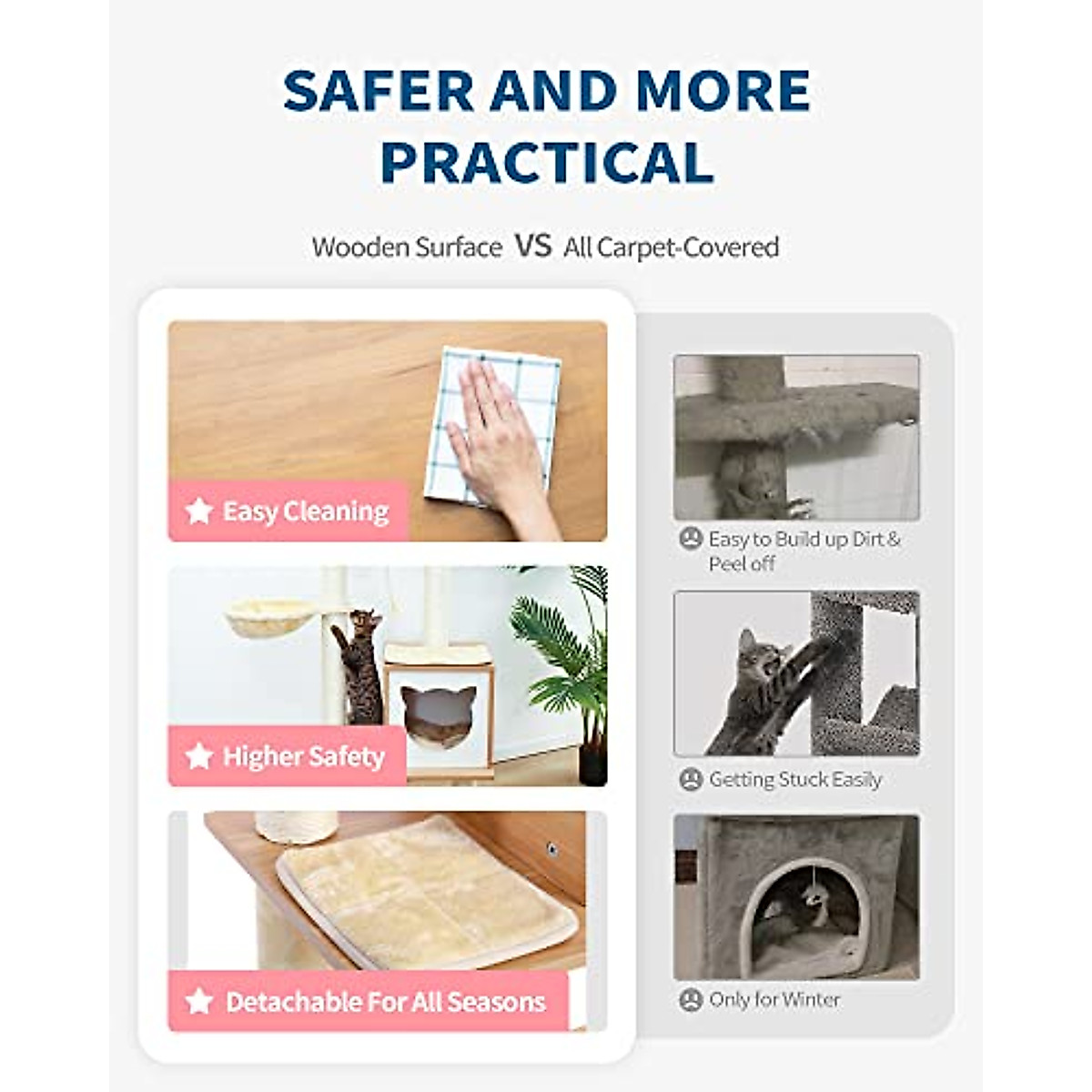 Made4Pets Cat Tree Cat Tower for Indoor Cats 65.6 Inches Modern Wood Cat Condo with Scratching Post for Large Cats Climbing, Multi-Level Tall Cat Tower Tree House with Hammock for Kitten Play and Rest