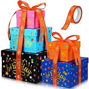 Geyoga 5 Pcs Birthday Square Nesting Gift Boxes with Lids Colorful Star Square Box 5 Assorted Sizes Stackable Gift Box for Birthday Baby Shower Party Present Packaging