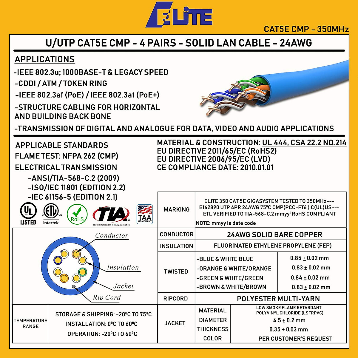 CAT5E Plenum (CMP),1000ft, UTP 24AWG, Solid Pure Copper, 350MHz, UL Certified, Bulk Ethernet Cable in Blue