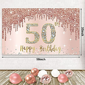 Happy 50th Birthday Banner Backdrop Decorations with Confetti Balloon Garland Arch, Rose Gold 50 Birthday Banner Balloon Set for Women, Pink 50 Year Old Bday Poster Photo Booth Decor