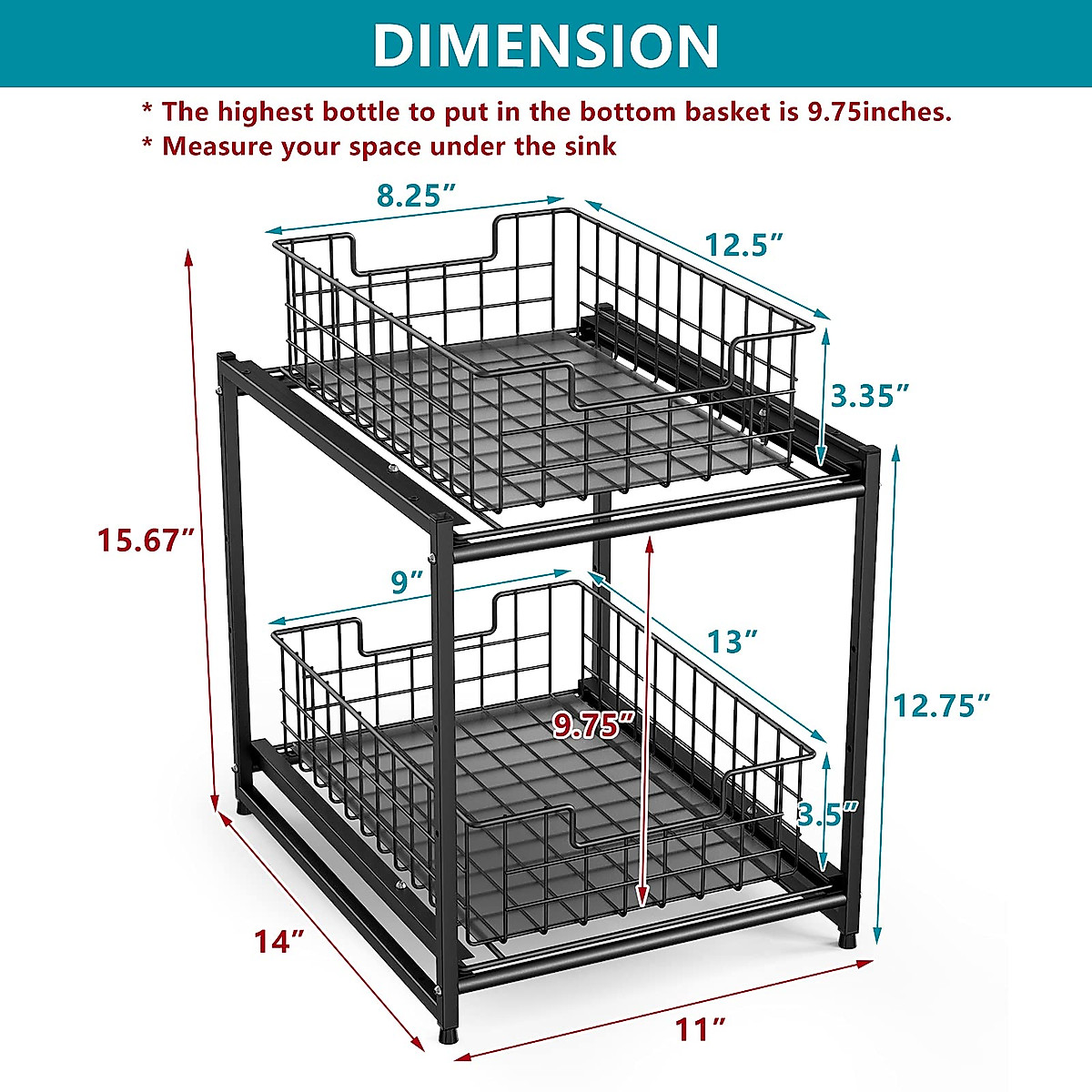 MaraFansie Under Kitchen Cabinet Sink Organizer and Storage with Sliding Drawer, Wider 2 Tier Stackable Basket Rack for Kitchen & Bathroom with Larger Capacity Heavy Duty, Black