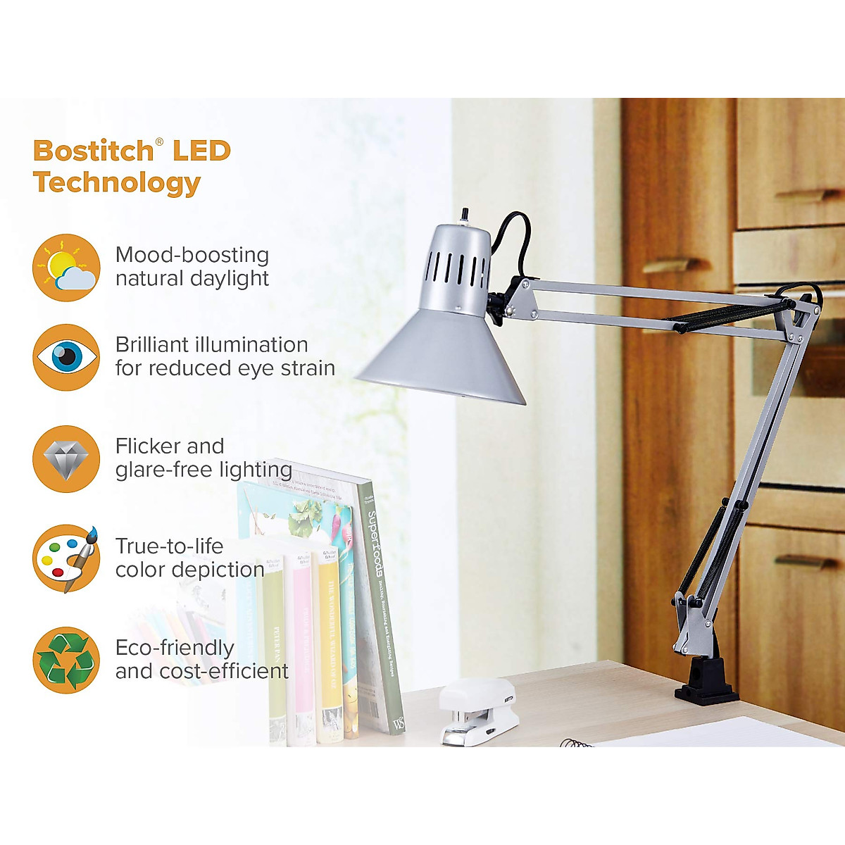 Bostitch Office VLF100-SLV Swing Arm Desk Lamp with Clamp Mount, 36" Reach with Multi-Joint Adjustment, Includes Replaceable LED Bulb (VLF), Silver