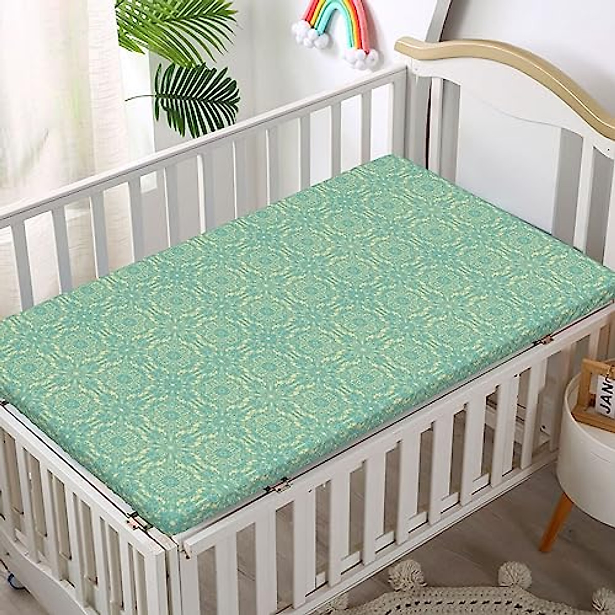 Damask Themed Fitted Crib Sheet,Standard Crib Mattress Fitted Sheet Toddler Bed Mattress Sheets - Baby Crib Sheets for Girl or Boy,28“ x52“,Pale Teal and Cream