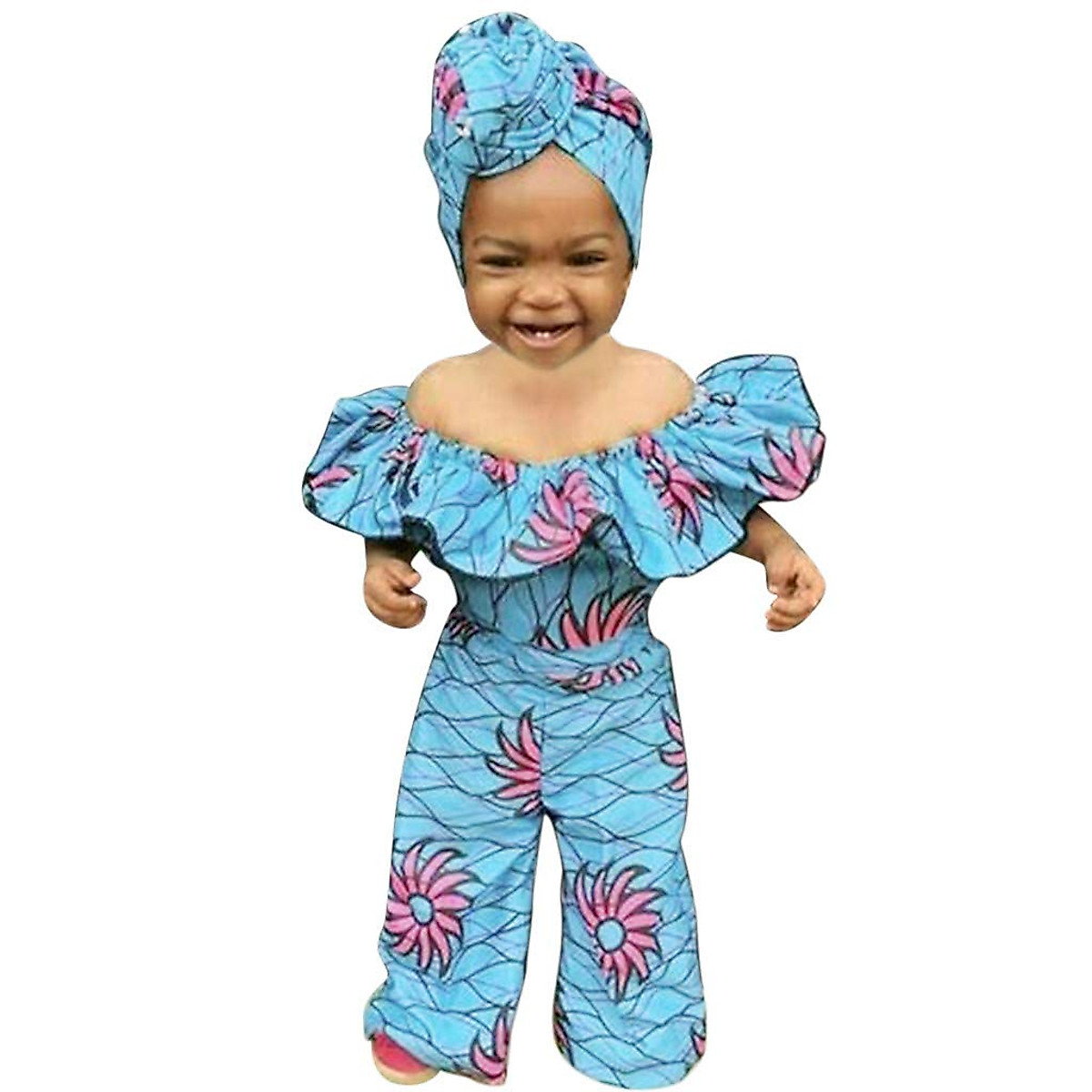Shan-S Newborn Infant Toddler Jumpsuit Overalls Kids Baby Girls Off Shoulder Dashiki African Romper + Headband Outfit