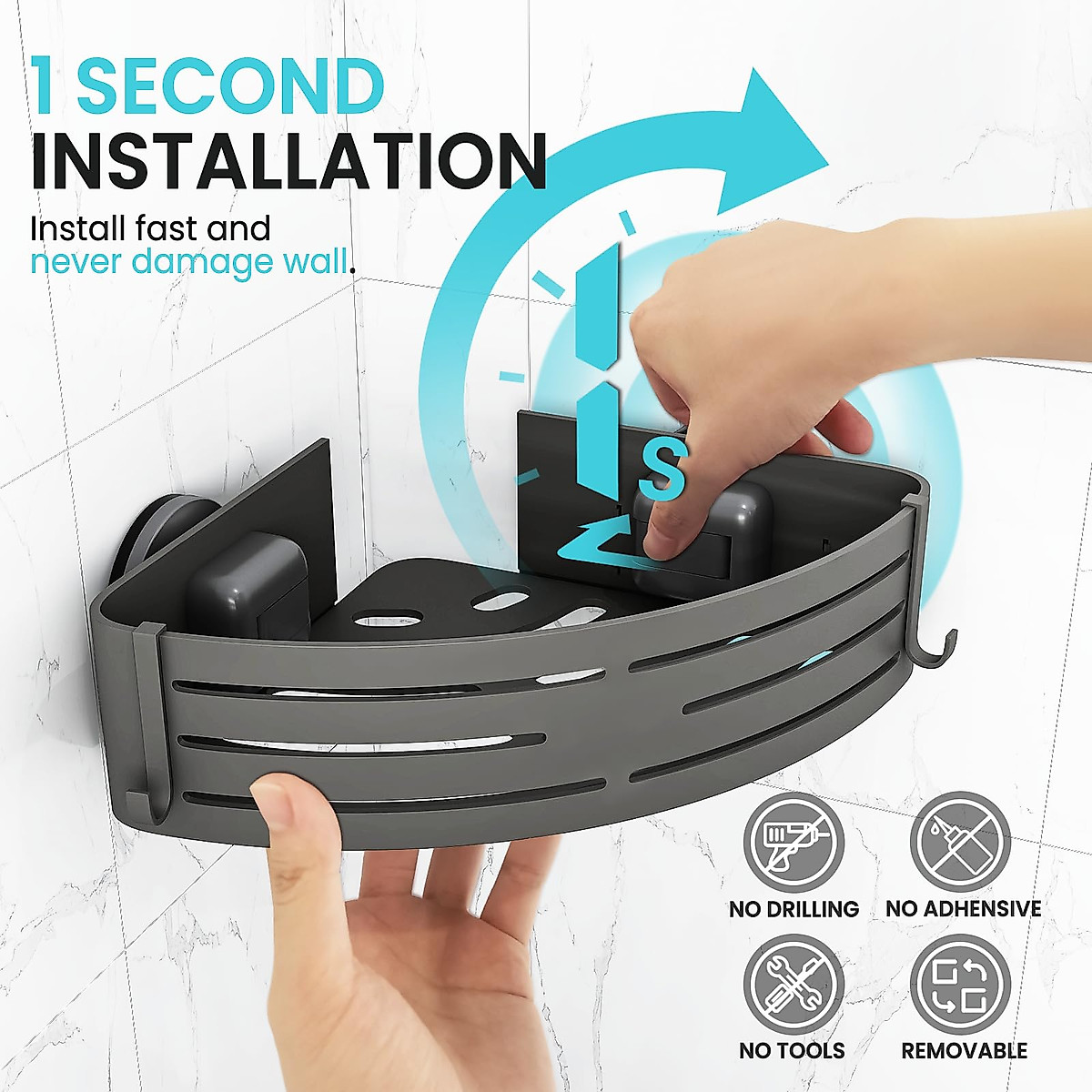 JIPORIER Corner Shower Caddy Suction Cup with 8 Hooks & 1 Towel Bar, 2 Pack Shower Shelves for Inside Shower, NO-Drilling Shower Organizer, Rustproof Shower Caddies Storage