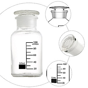 iplusmile Reagent Bottle Apothecary Jar, Glass Wide Mouth Reagent Bottle 125ml Capacity Laboratory Chemistry Sample Glass Bottle with Glass Stopper and Scale for Lab and Kitchen