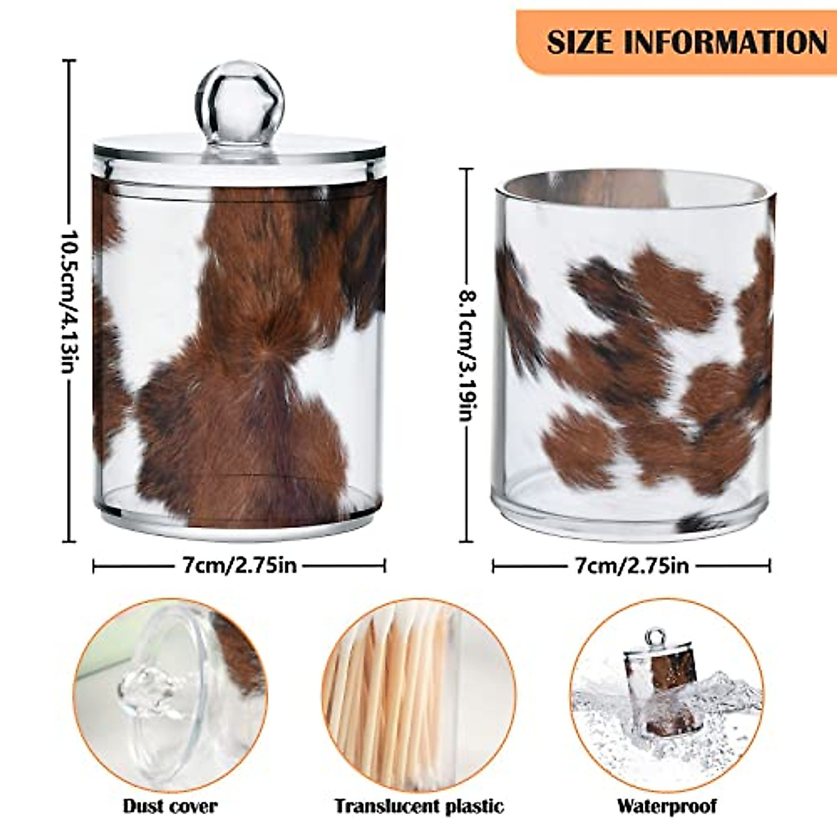 WELLDAY Apothecary Jars Bathroom Storage Organizer with Lid - 14 oz Qtip Holder Storage Canister, White Brown Print Cow Clear Plastic Jar for Cotton Swab, Cotton Ball, Floss Picks, Makeup Sponges,Hair