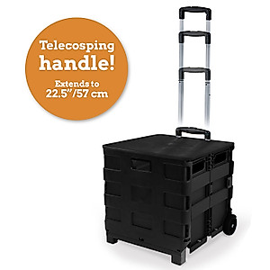 Inspired Living Collapsible Ultra-Slim Pack-N-Roll,2 Wheel Utility Cart w/Lid used as Seat up to 250 Lbs, Telescopic Handle - Super Strong, for Home, Garden, Shopping, Office, School use, Large, Black